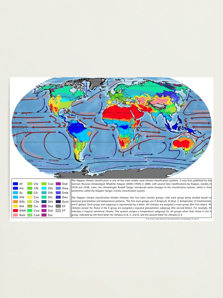 "Map of Koppen Climate Zones and Ocean Currents" Photographic Print for ...