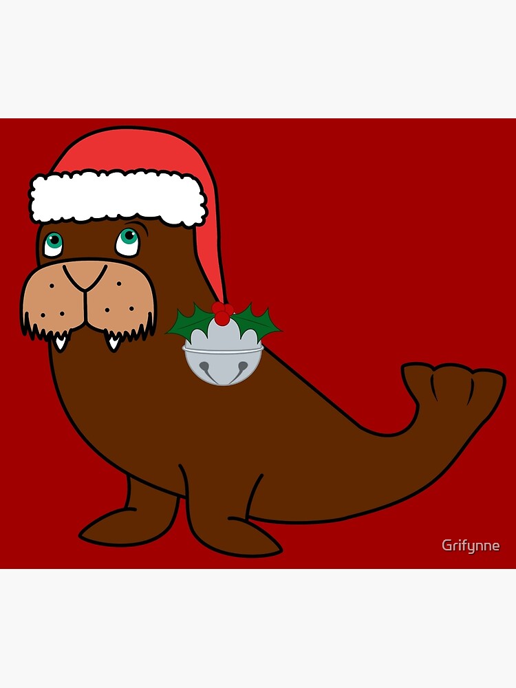 "Christmas Walrus with Red Santa Hat, Holly & Silver Jingle Bell ...