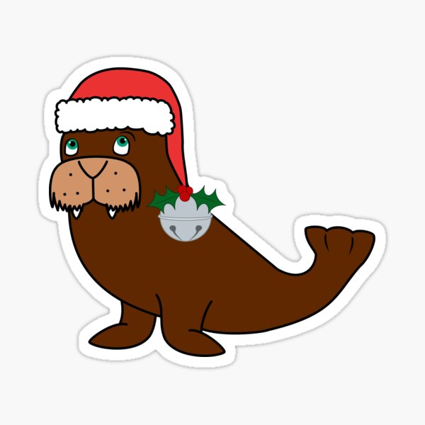 "Christmas Walrus with Red Santa Hat, Holly & Silver Jingle Bell ...