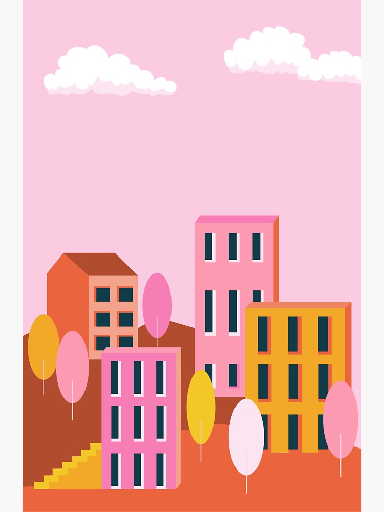 "Pink urban landscapes with buildings and trees " Sticker for Sale by ...