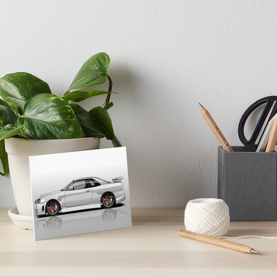 "Nissan Skyline R34 GT-R Digital Art [Side View / Metallic White]" Art ...