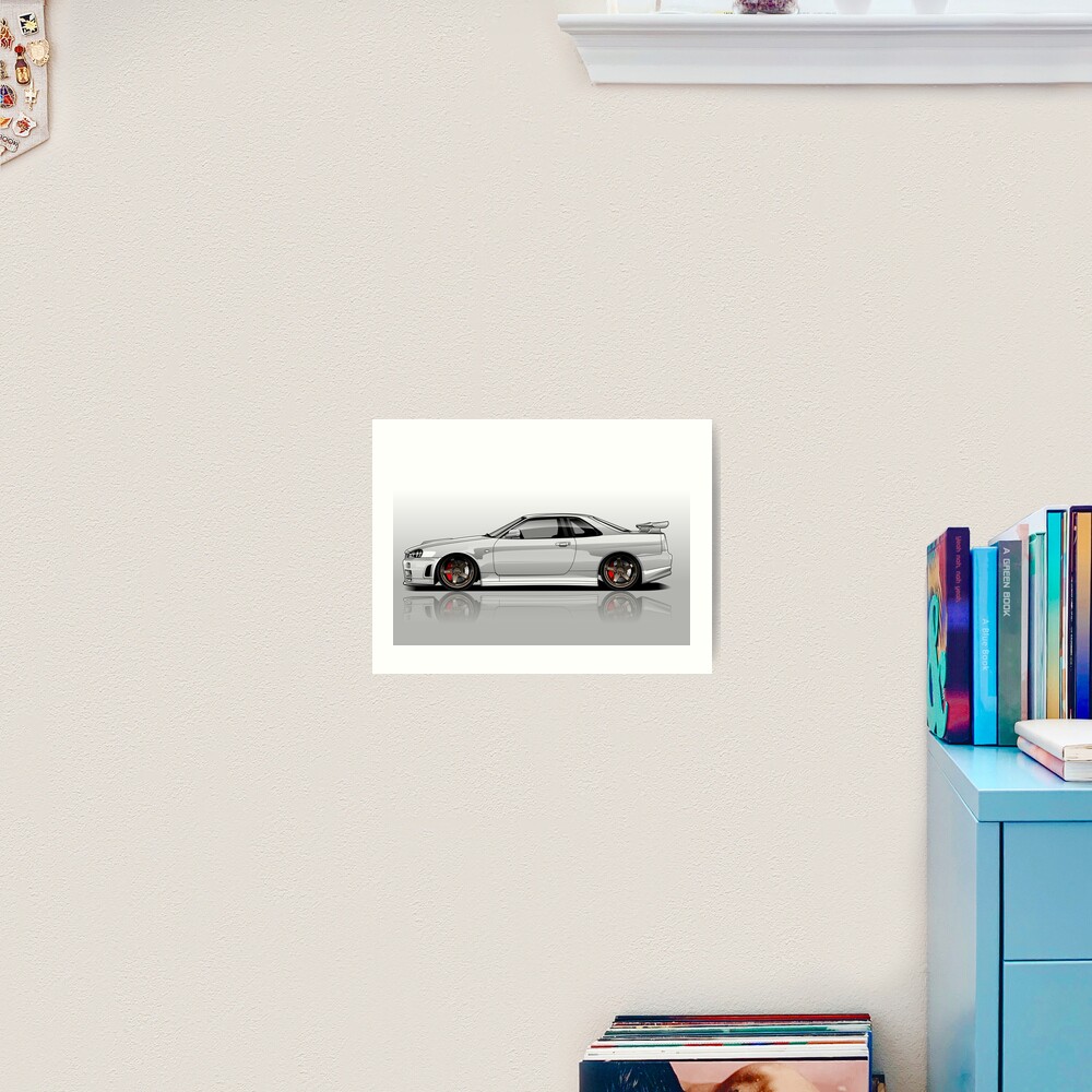 "Nissan Skyline R34 GT-R Digital Art [Side View / Metallic White]" Art ...