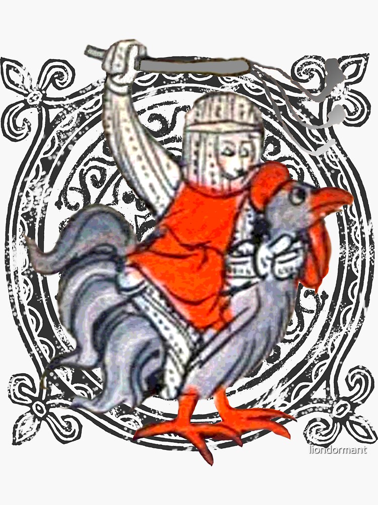 "Medieval marginalia, Knight riding a chicken" Sticker for Sale by ...