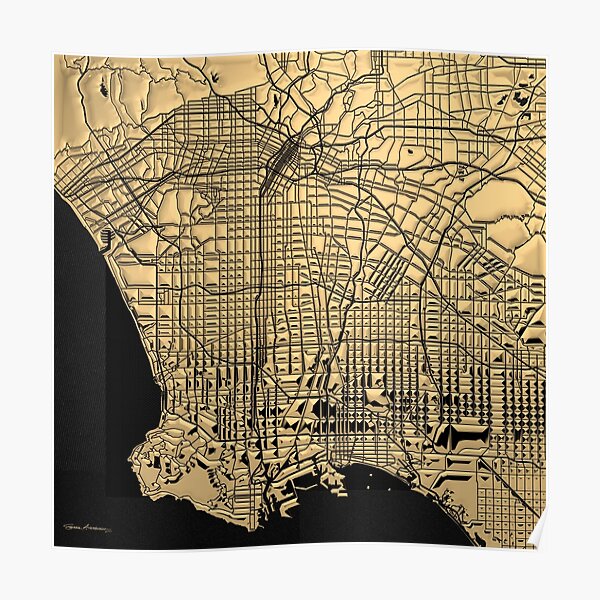 "Cities of Gold - Golden City Map of Los Angeles on Black" Poster for ...
