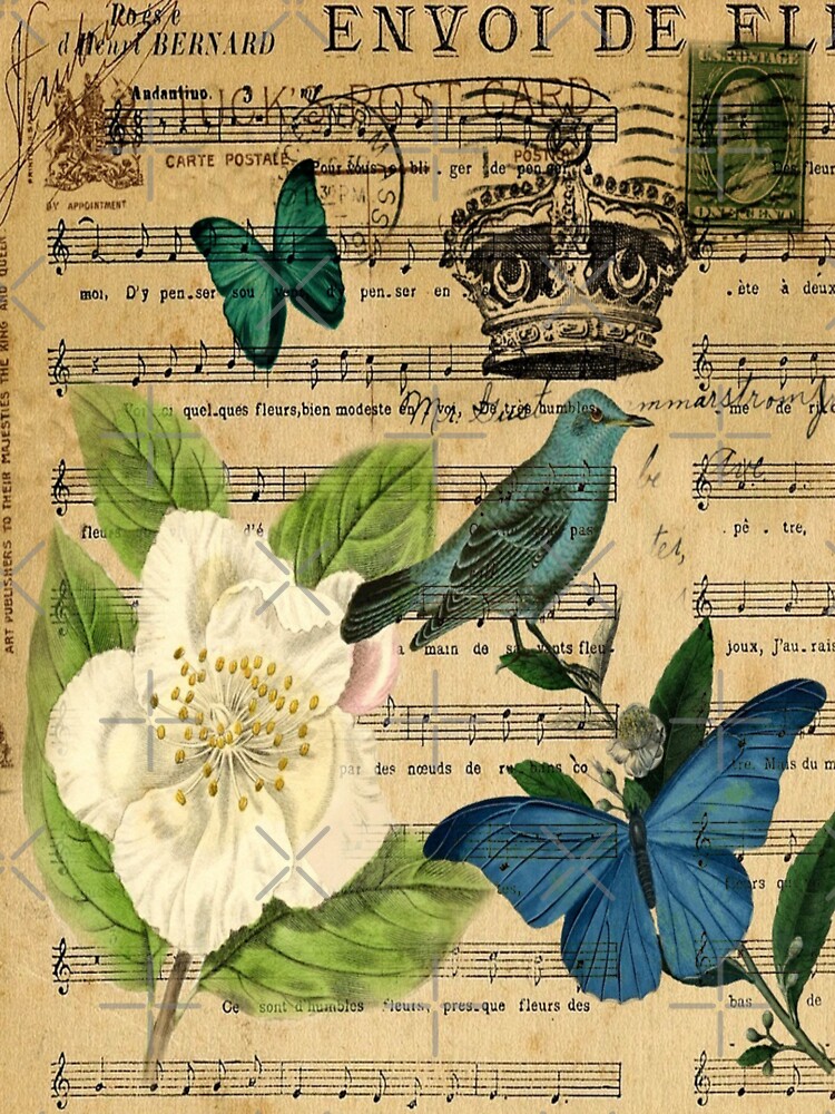 "vintage Bird butterfly rose music notes Paris" Sticker for Sale by ...