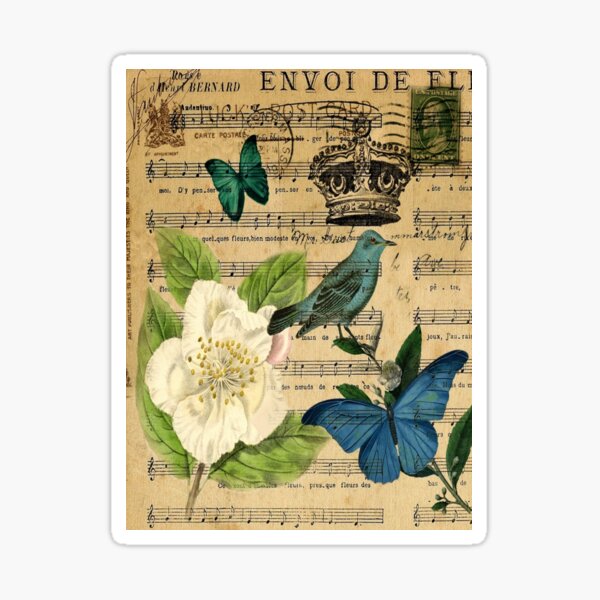 "vintage Bird butterfly rose music notes Paris" Sticker for Sale by ...