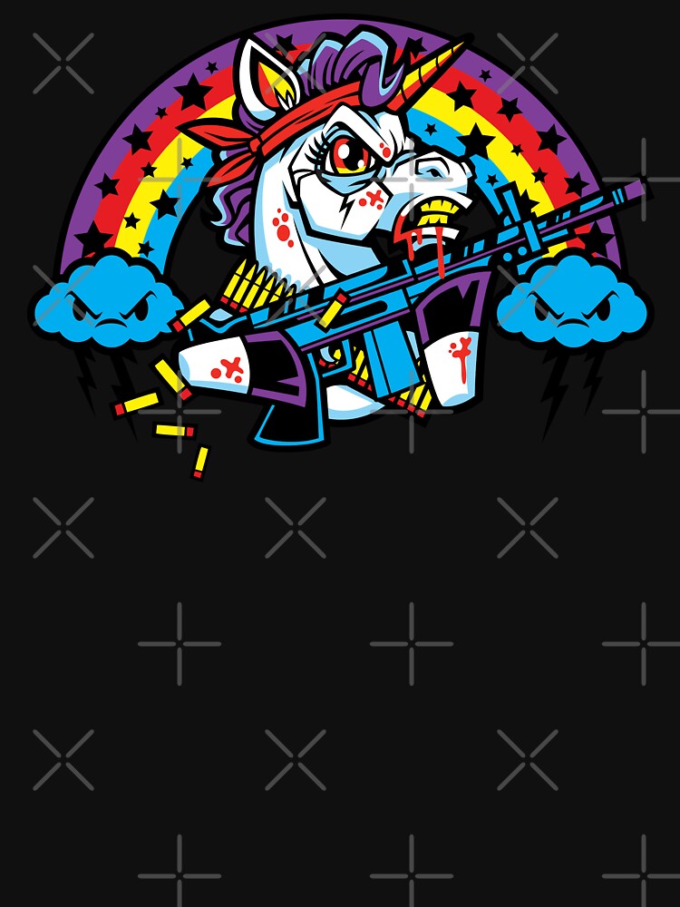 "Rainbo: First Blood" T-shirt for Sale by harebrained | Redbubble | unicorn t-shirts - guns t ...
