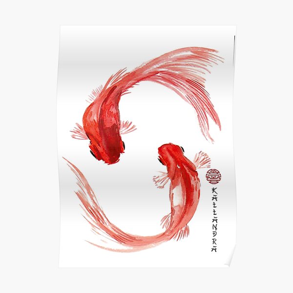 "Colored China painting - Indian ink painting - with red Koi carp ink ...