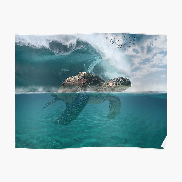 "Giant surreal sea turtle swimming in a rough sea" Poster by ...