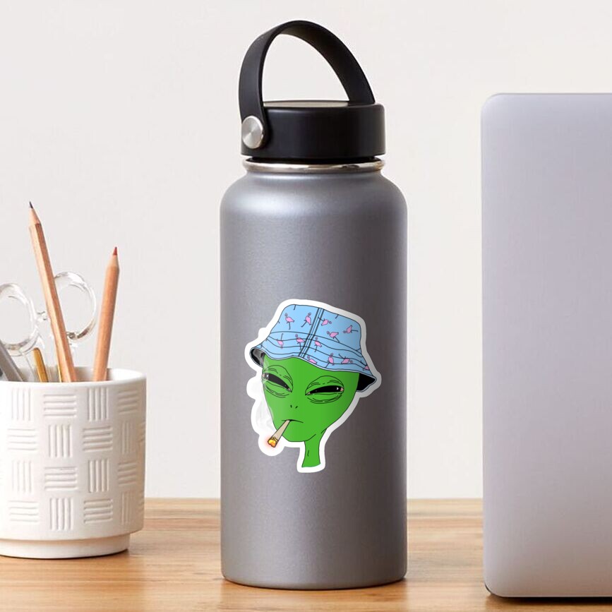 "Alien Smoking Joint w/ Flamingo Bucket Hat " Sticker by DigitalDose ...