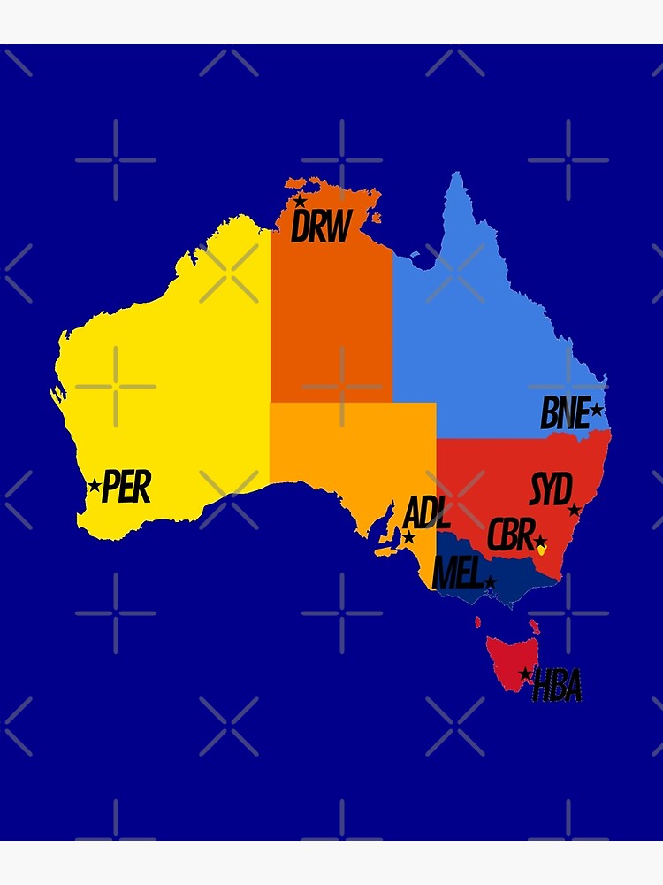 "Colorful Australian map featuring IATA capital city codes" Art Print ...