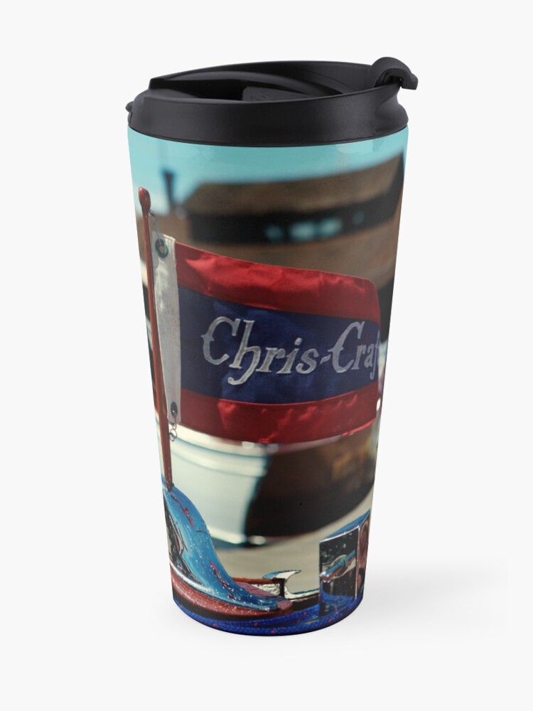 "Chris Craft Flag with Wooden Boat in background" Travel Coffee Mug for ...