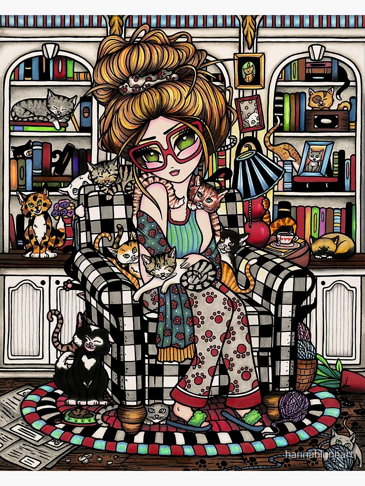 "Crazy Cat Lady in Buffalo Check Chair" Art Print for Sale by ...