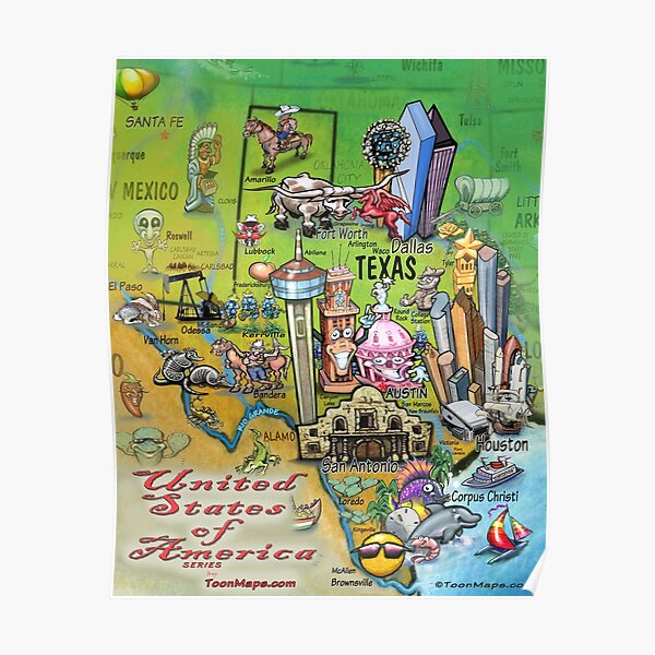 "Texas Fun Map" Poster by kevinmiddleton | Redbubble