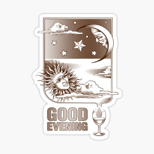 "Vintage drawing of the sun, moon and stars. Good evening" Sticker for ...