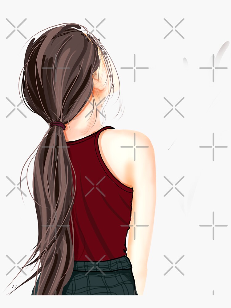 "Hand Drawn Beautiful Long Haired Girl Back Character Design" Sticker ...