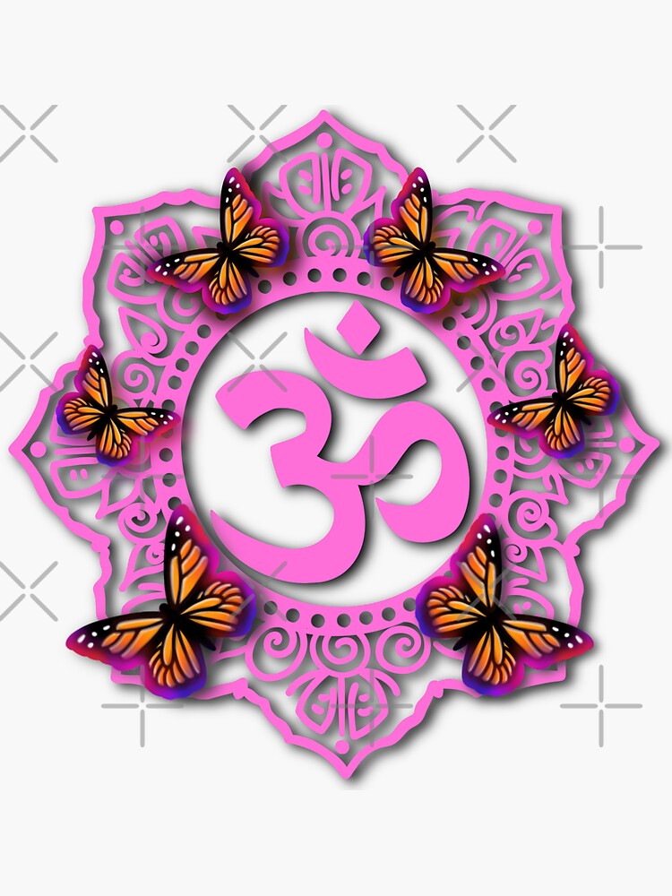"Pink ohm symbol, purple blue orange monarch butterflies, meditation ...