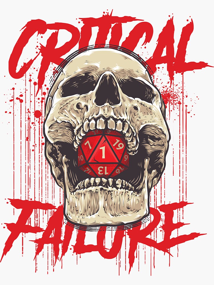 "DND D20 T-shirt - D20 Critical Fail Dice Roll Bloody RPG" Sticker for ...