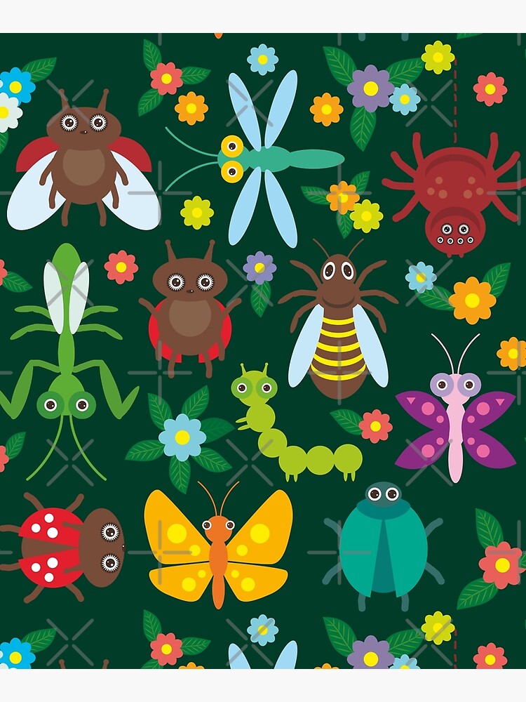 Lámina montada «Insectos divertidos Araña mariposa oruga libélula ...