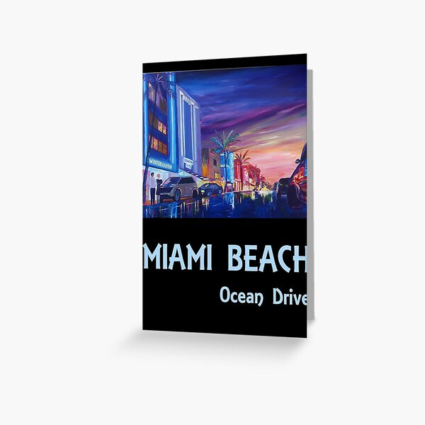 "Miami Beach Ocean Drive Retro Poster" Greeting Card for Sale by ...