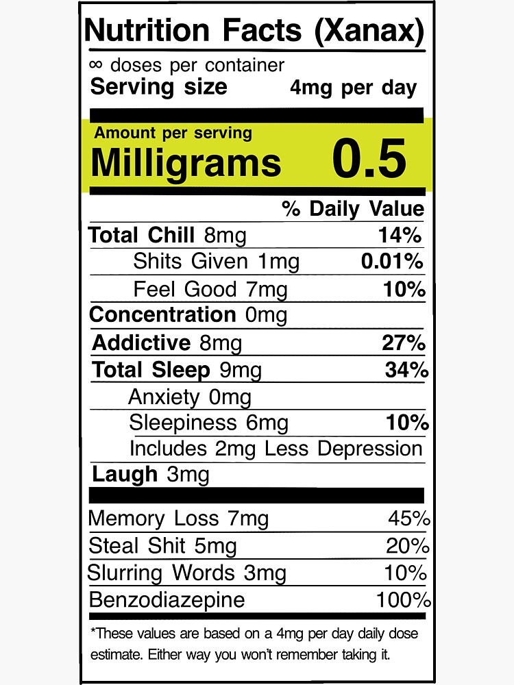 "Xanax Nutrition Facts Label" Sticker for Sale by DigitalDose | Redbubble
