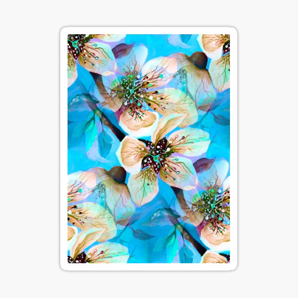 "Watercolor Japanese Sakura Cherry Tree Flowers in Aqua Blue" Sticker ...