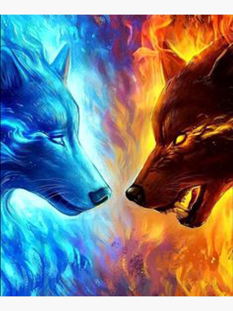 "Ice Wolf and Fire Wolf - Wolf Rivalry" Mounted Print by Kyumi12 ...
