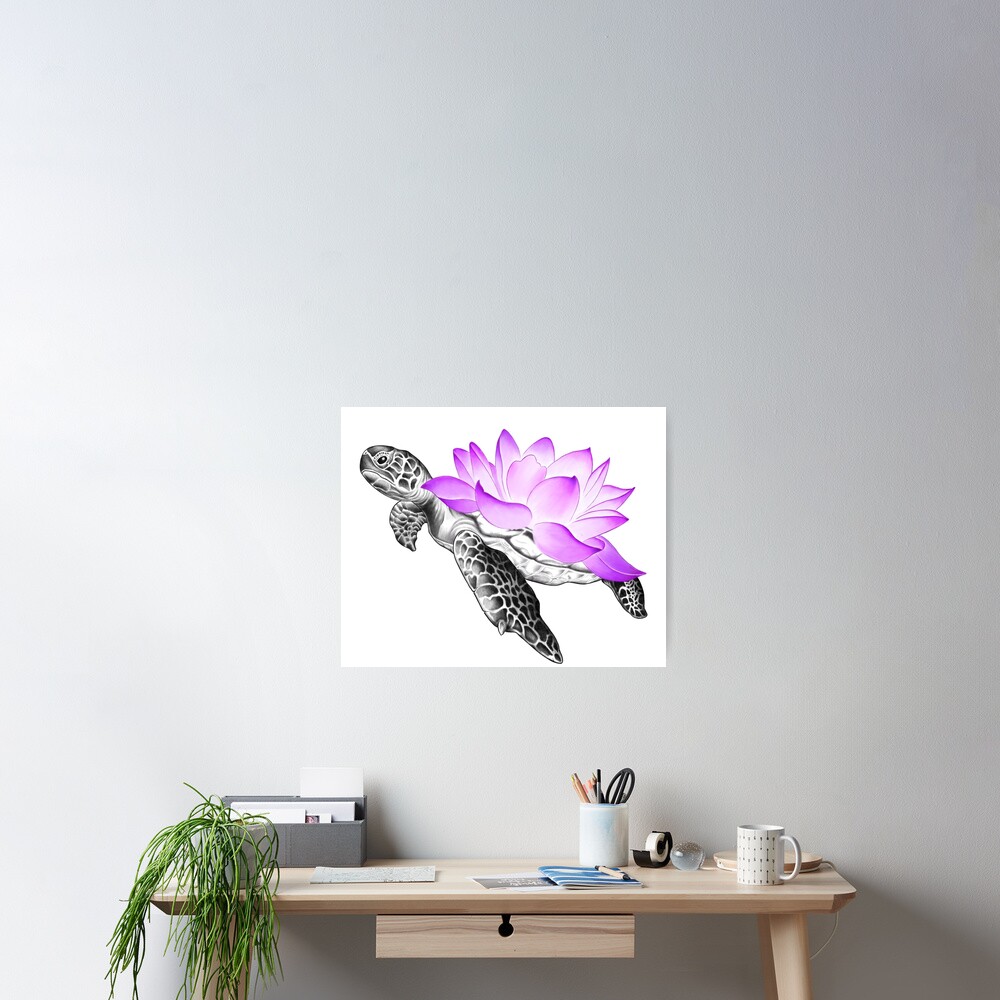 "Detailed Sea Turtle with Neon Lotus Flower as Shell" Poster for Sale ...