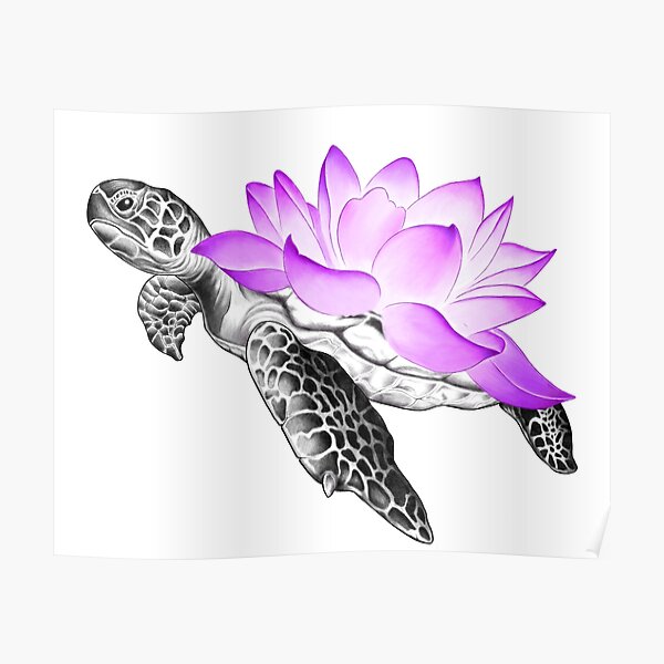 "Detailed Sea Turtle with Neon Lotus Flower as Shell" Poster for Sale ...