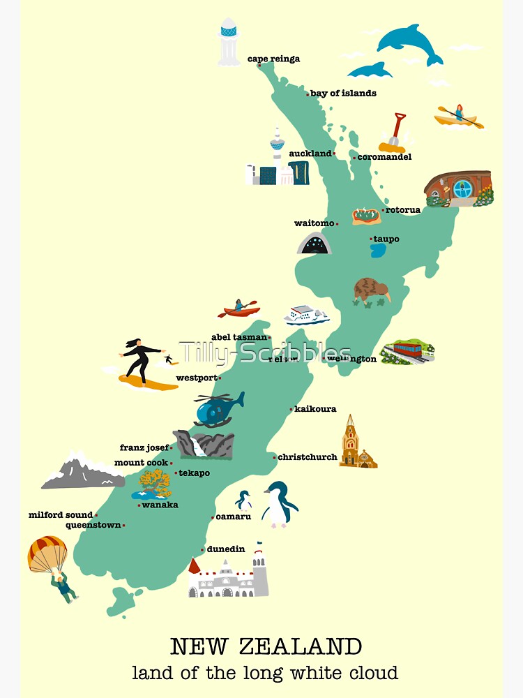 "New Zealand Map" Sticker for Sale by Tilly-Scribbles | Redbubble