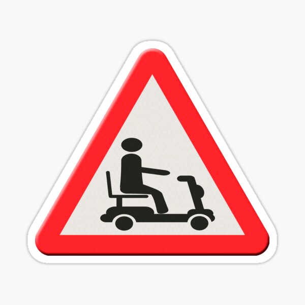 "warning sign mobility scooter. " Sticker for Sale by funkyworm | Redbubble
