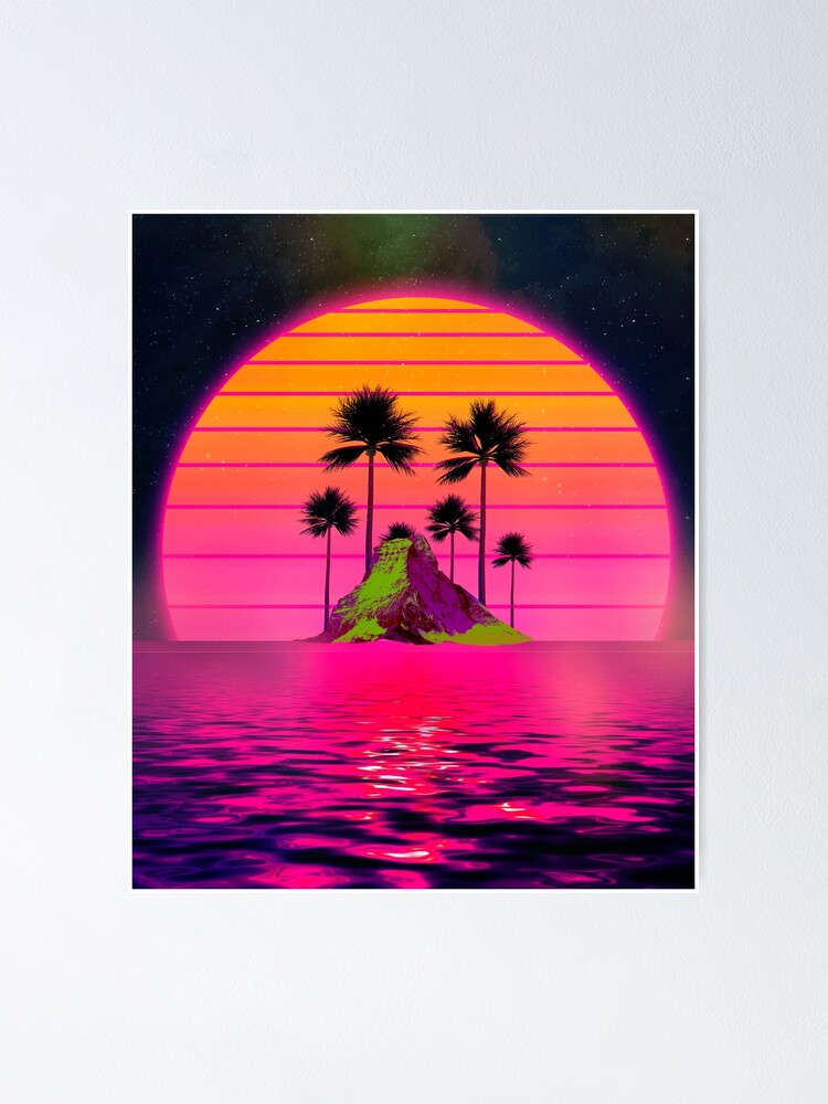 "Synthwave Retro 80s Sunset Beach Island with palms Gift design" Poster ...