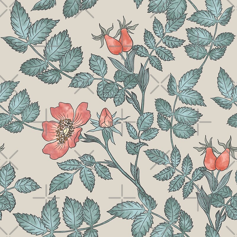 "Pattern of a wild rose bush with flowers and berries." by NLobes ...