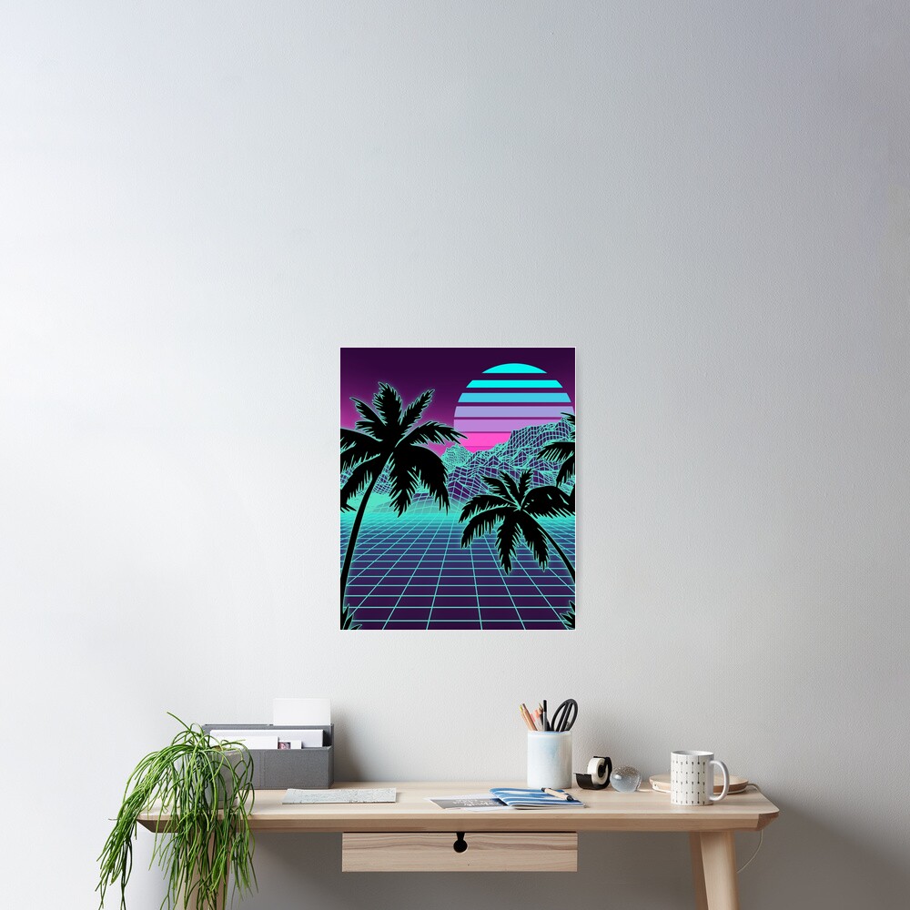 "Retro 80s Vaporwave Sunset Sunrise With Outrun style grid print ...