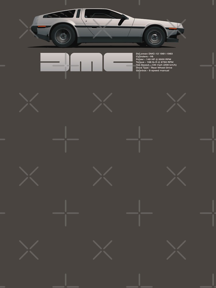 "DeLorean DMC-12 cartoon retro style car side view with specs" Classic ...