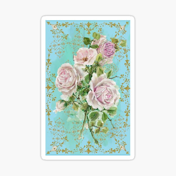 Pegatina «Spray de ramo de rosas rosadas en fondo azul y dorado» de ...