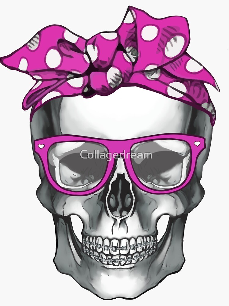 "Skull human anatomy nerd fuchsia glasses tooth brace" Sticker for Sale ...