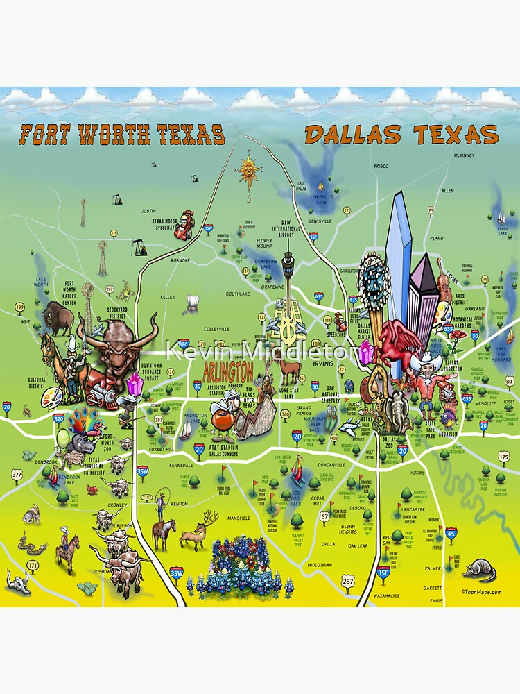 "DFW Cartoon Map" Sticker for Sale by kevinmiddleton | Redbubble