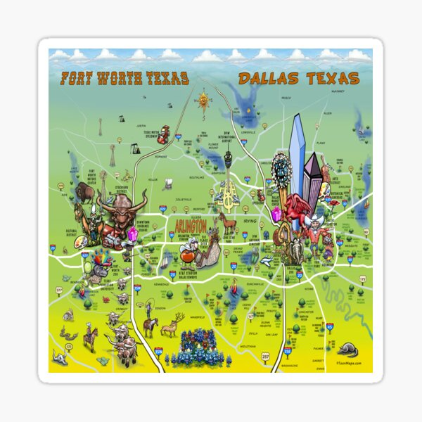 "DFW Cartoon Map" Sticker for Sale by kevinmiddleton | Redbubble