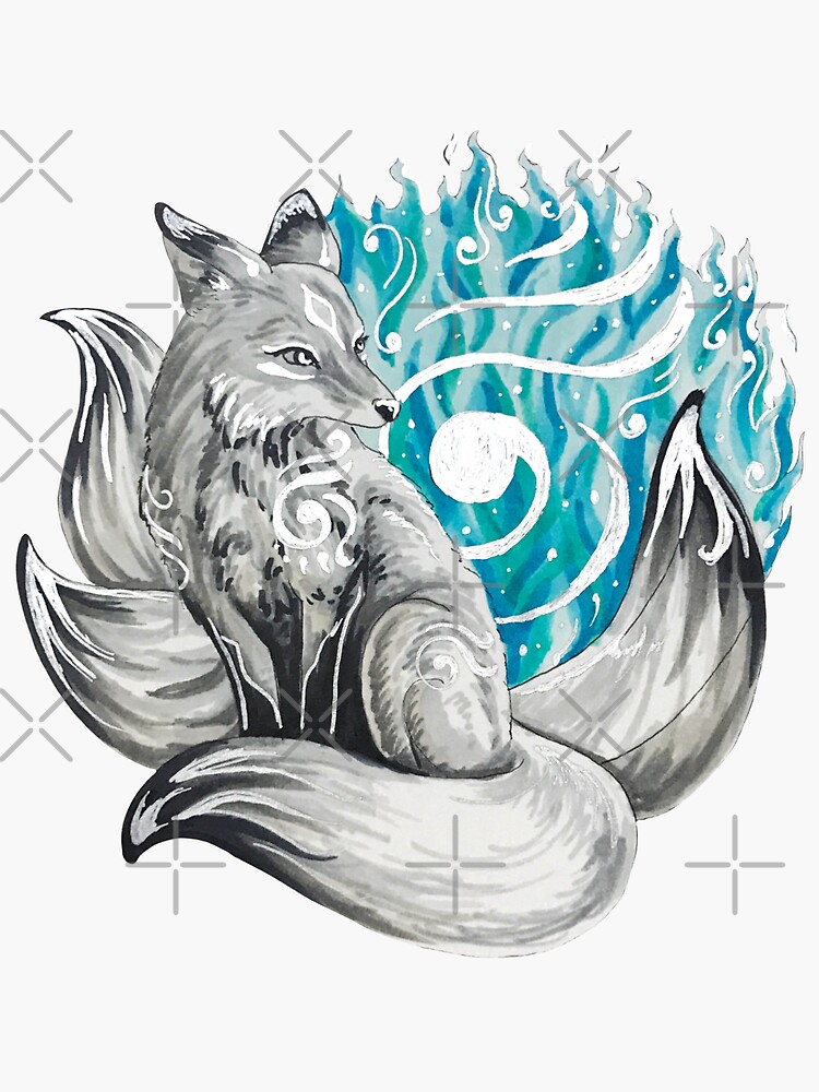 "Fox Kitsune with Blue Foxfire" Sticker for Sale by Lady-Lilac | Redbubble