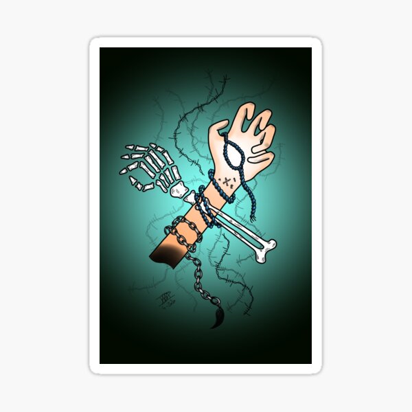 "Strapped & chained skeleton arm " Sticker by Tamz-T | Redbubble