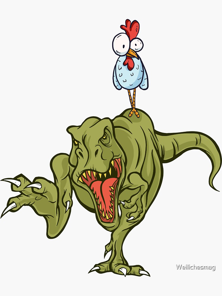 "Crazy Chicken Rides T-Rex" Sticker by Weilichesmag | Redbubble