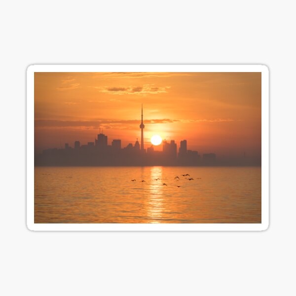 "Tangerine Mist - Toronto Skyline Sunrise with Flying Birds" Sticker by ...