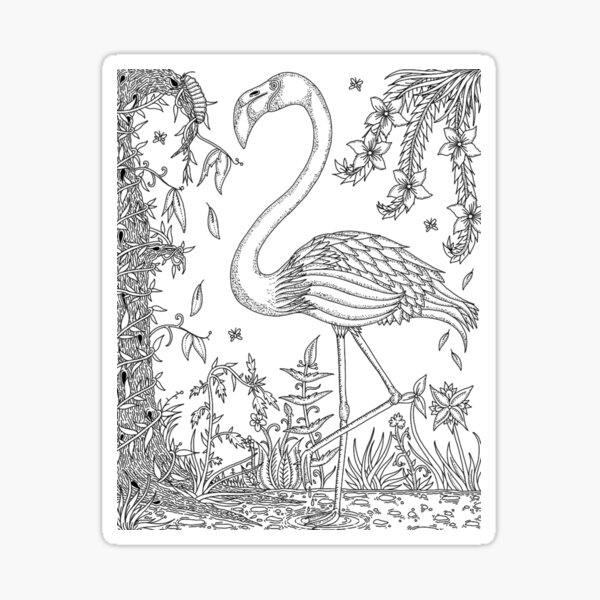 "black and white standing flamingo art - tropical flower scene ...