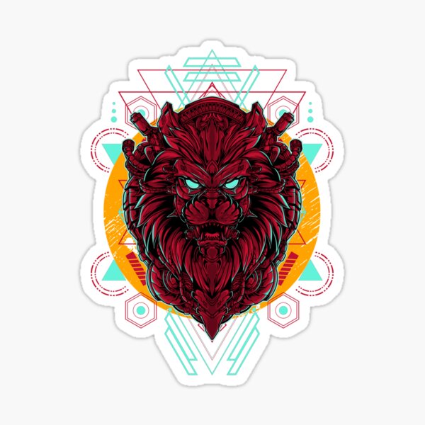 "Red Cyber-Lion With Blue Glowing Core" Sticker by FullyMasked | Redbubble