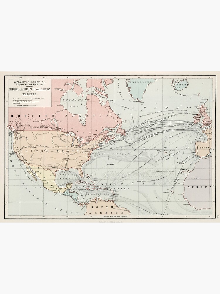 "Vintage Atlantic Ocean Telegraph Cables and Steamboat Route Map ...