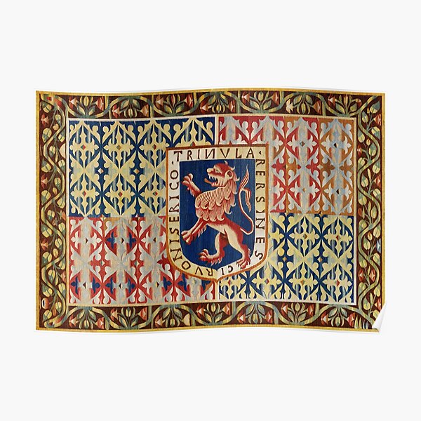 "ANTIQUE FLEMISH HERALDIC TAPESTRY WITH RAMPANT LION Red Blue Yellow ...