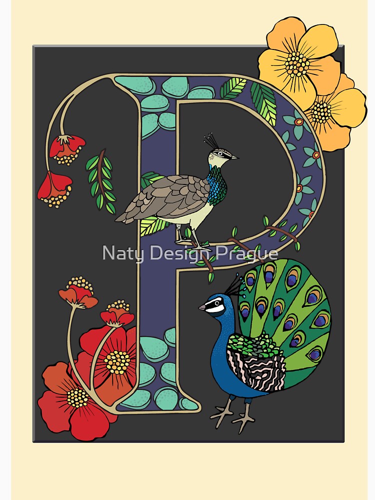 "P is for Peacocks, art nouveau style animal alphabet letter" T-shirt ...