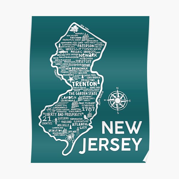 "New Jersey Map" Poster by fiberandgloss | Redbubble