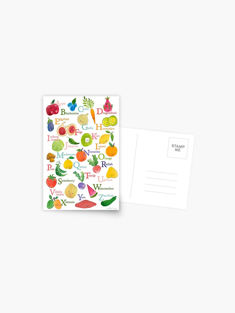 "Fruit and Veggie Alphabet" Postcard for Sale by Heather Rosas | Redbubble